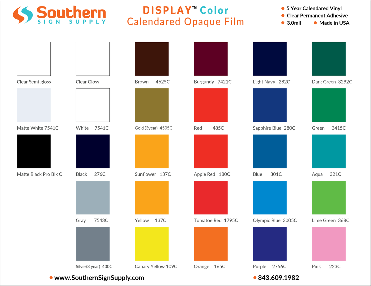 DISPLAY COLOR - 24"x30' 3mil Gloss Vinyl, Permanent Adhesive – Southern ...